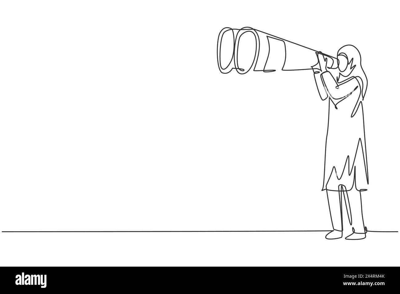 Single continuous line drawing happy Arab tourist woman looking through ...