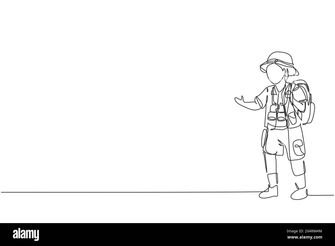 Single one line drawing boy wearing safari outfit complete with hat ...