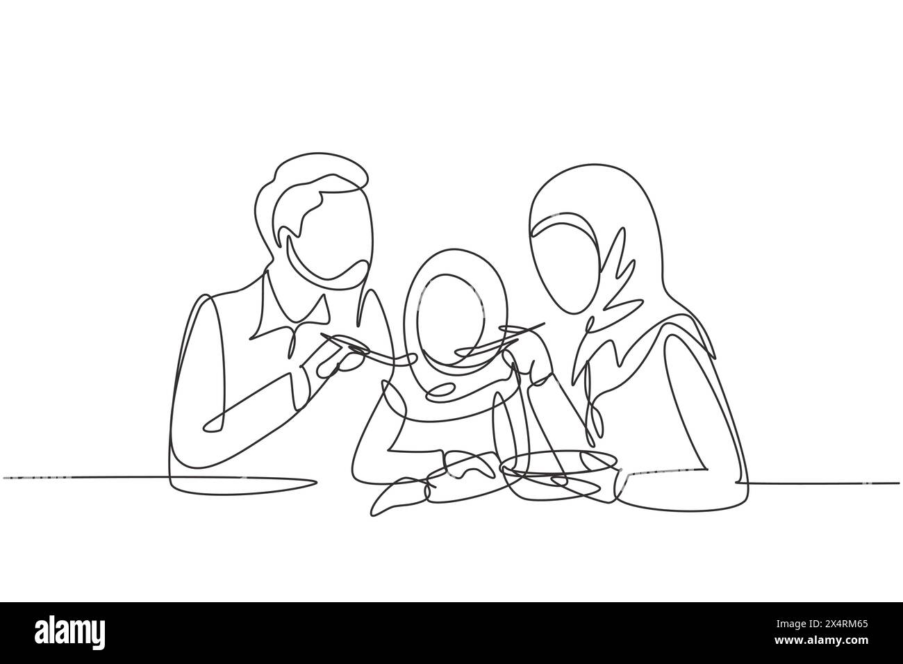Single continuous line drawing Arabian family having fun together in ...