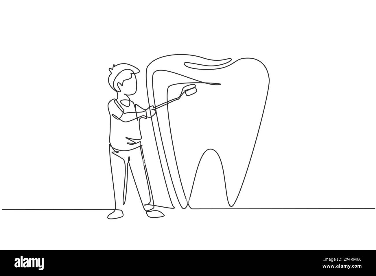 Continuous one line drawing boy brushing giant teeth with toothbrush ...