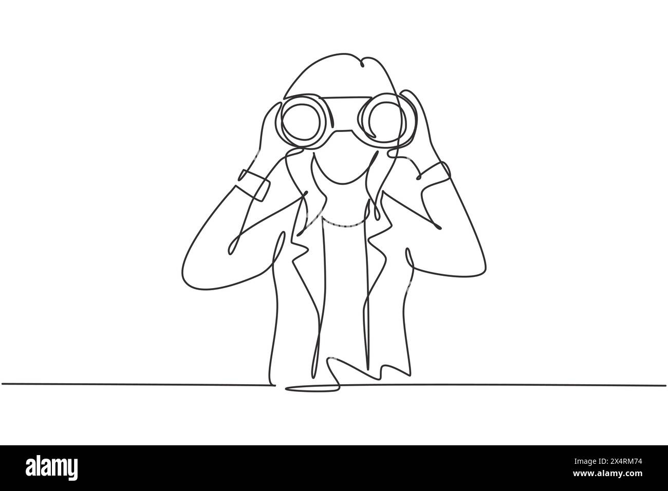 Single one line drawing young business woman looking through binoculars ...