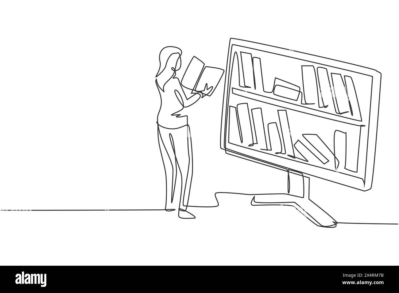 Continuous one line drawing female student reading book while standing ...