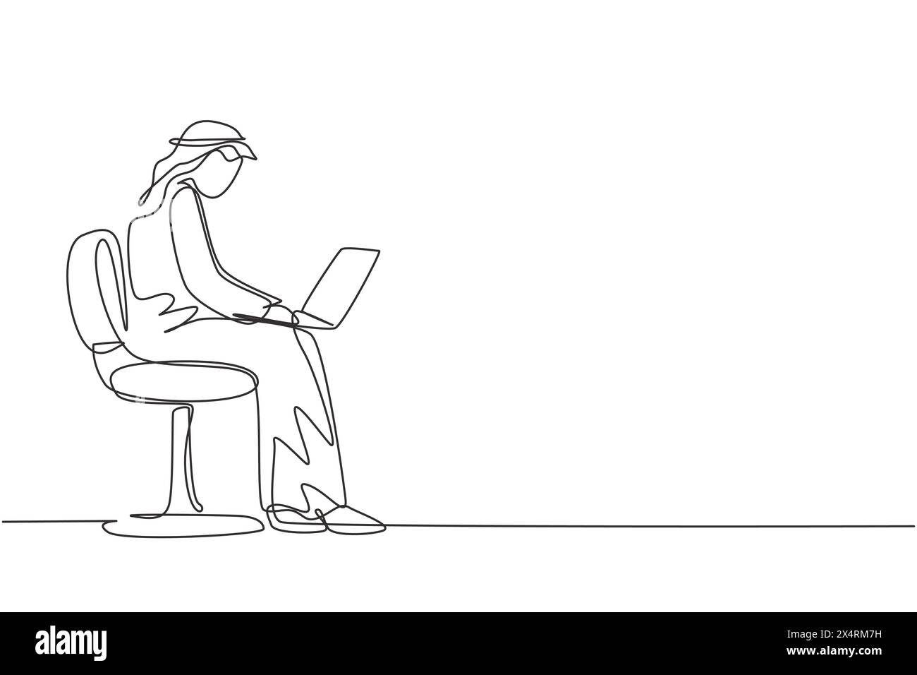 Continuous one line drawing young Arabian man with laptop sitting on ...