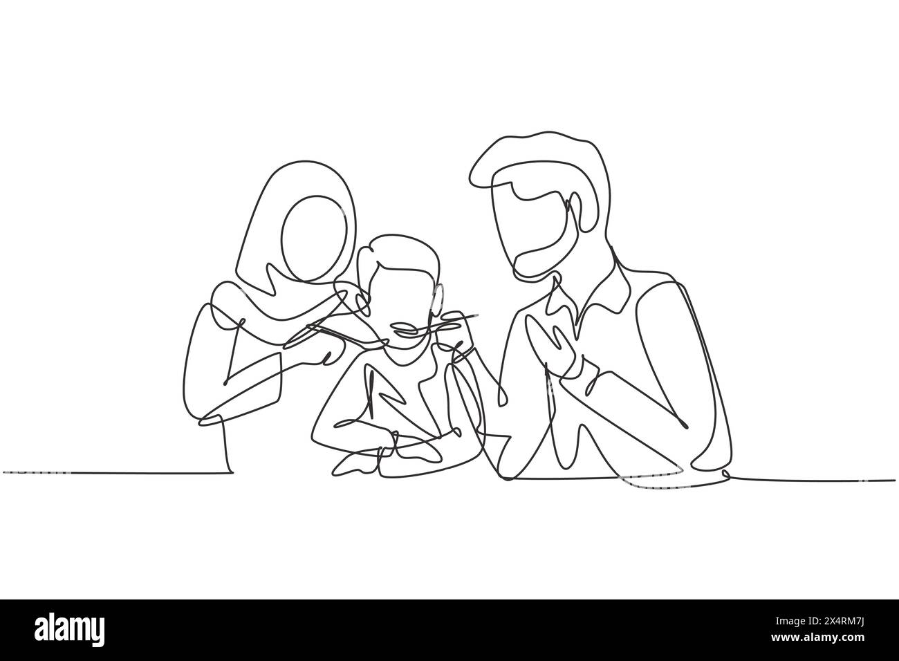 Single continuous line drawing Arabian family having fun together in ...