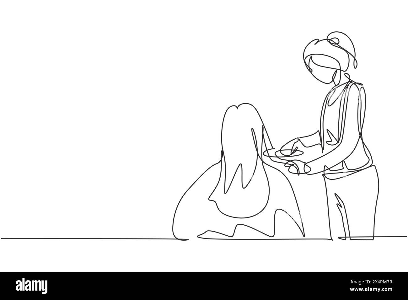 Single one line drawing model sitting while hairstyling in beauty salon ...