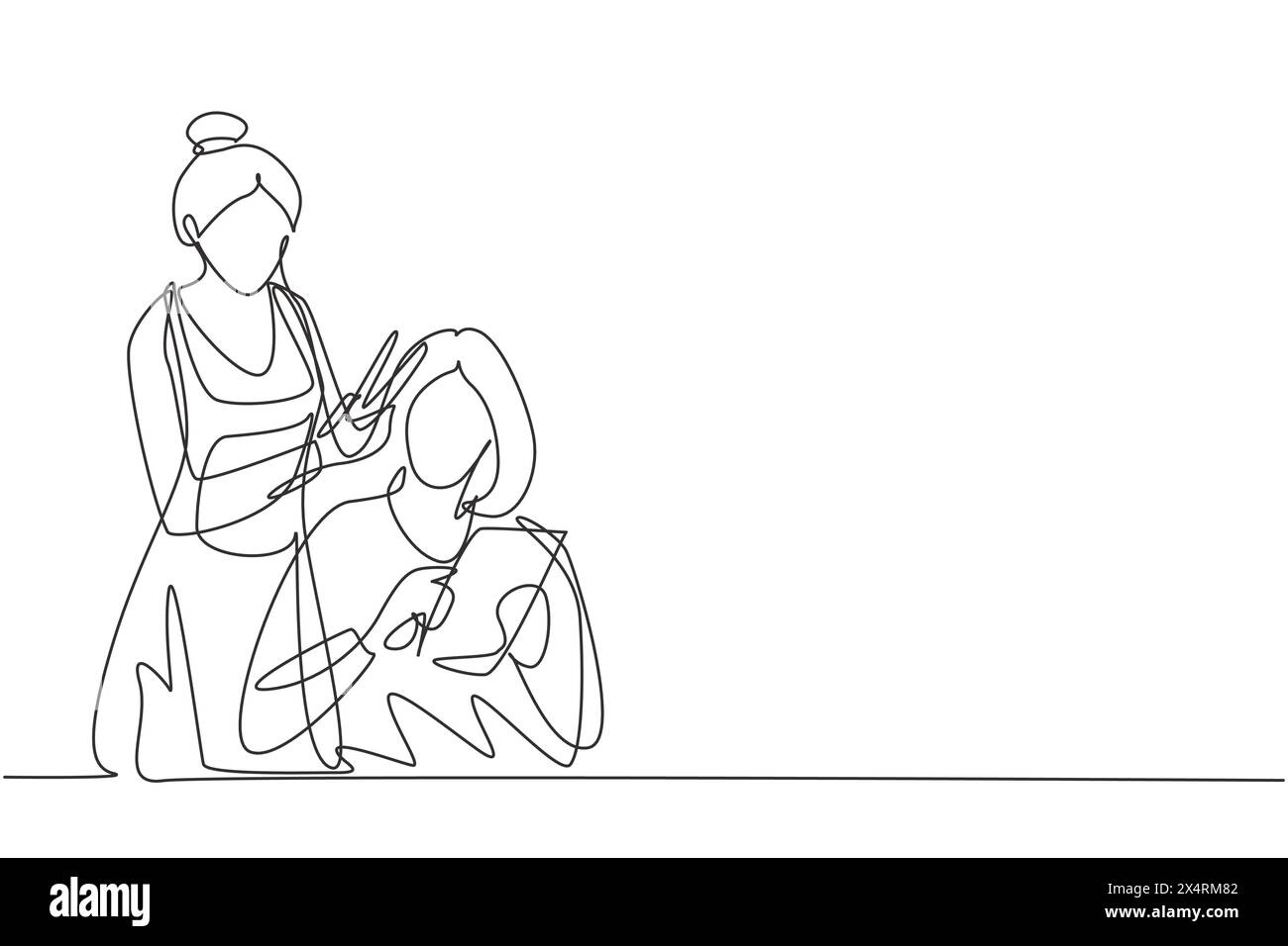 Single one line drawing young women sitting in beauty hair salon style ...