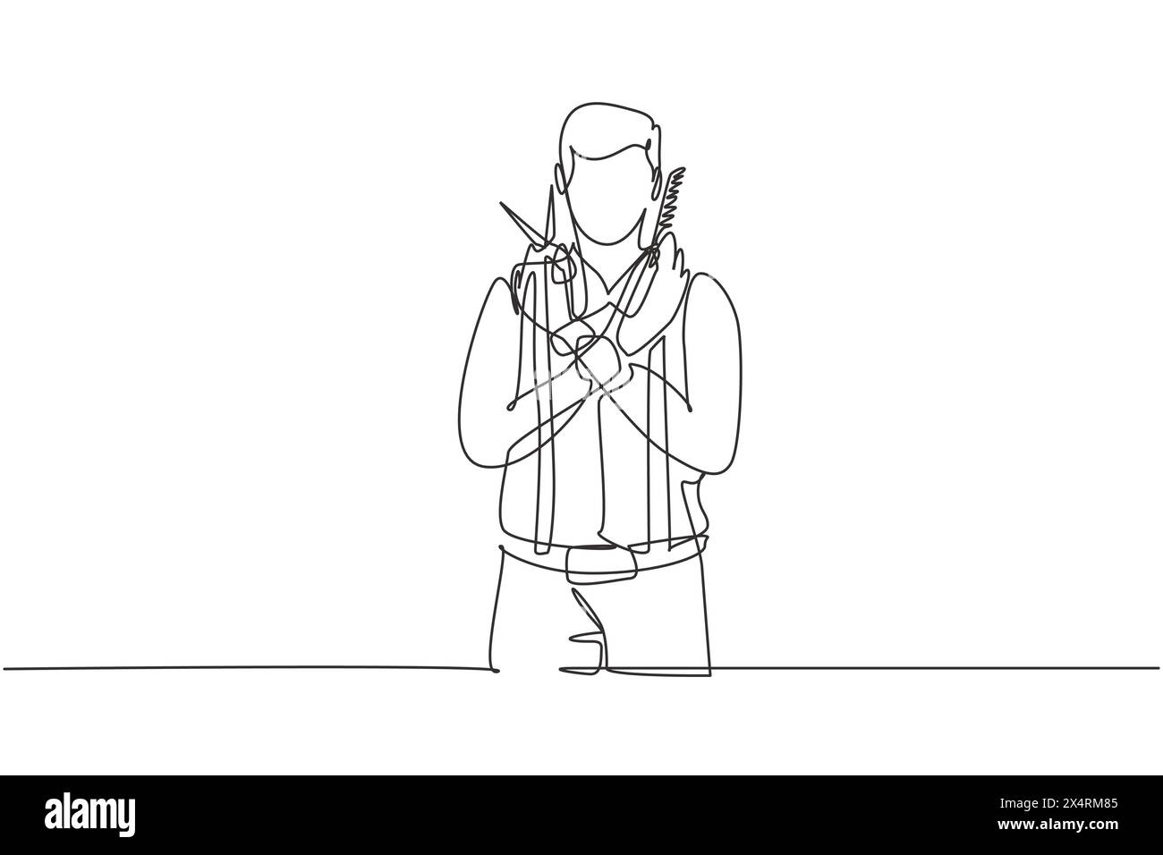 Single one line drawing barber scissors and straight razor. Vintage ...