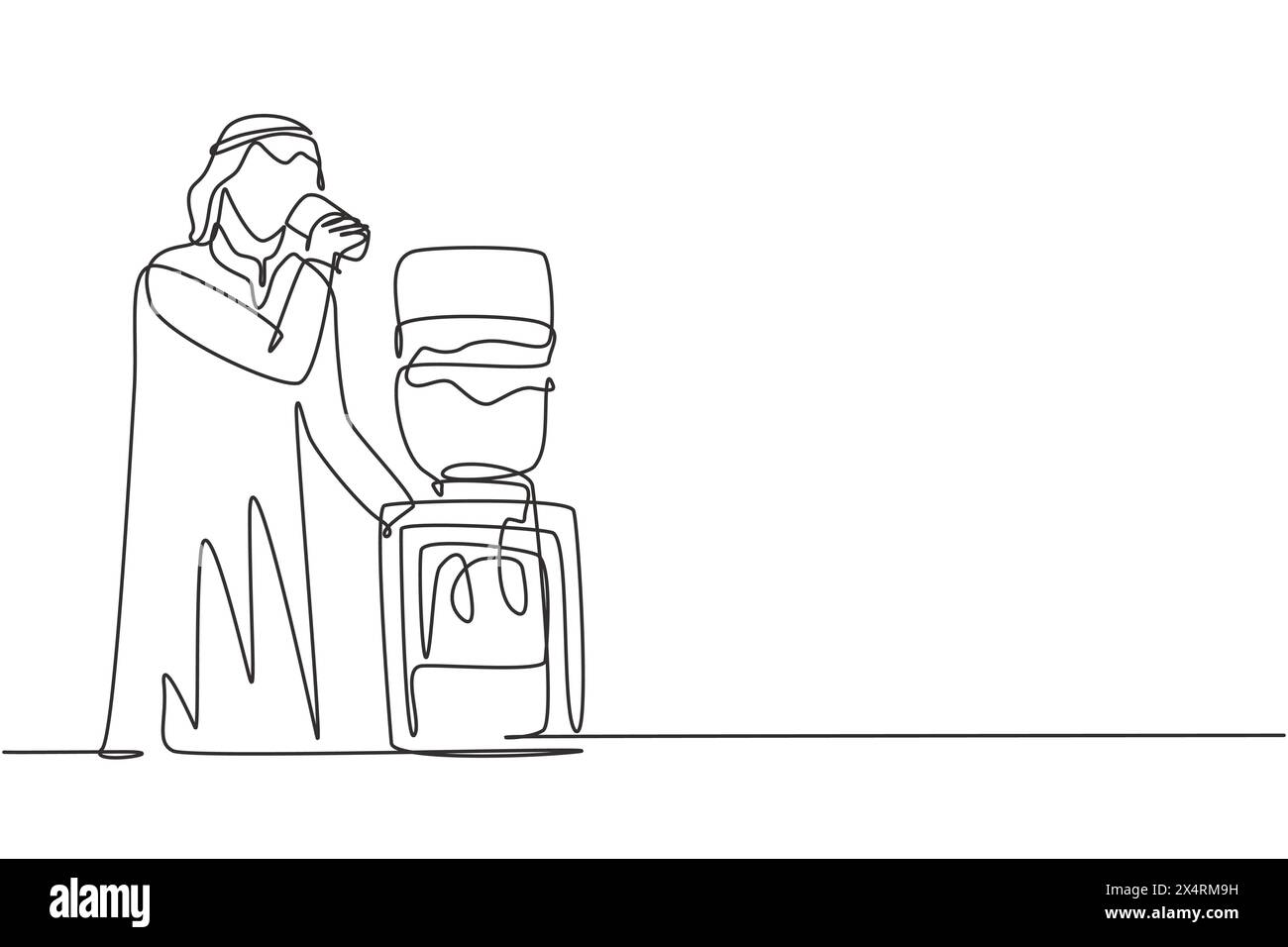 Single continuous line drawing young Arabian man drinking fresh water ...