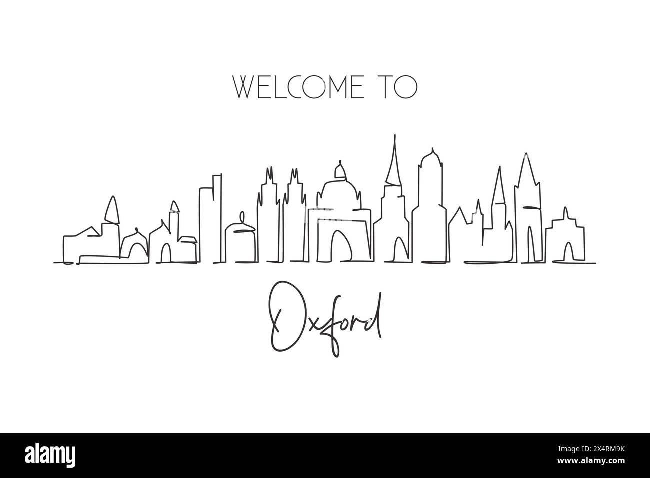 Single continuous line drawing Oxford skyline, England. Famous city ...