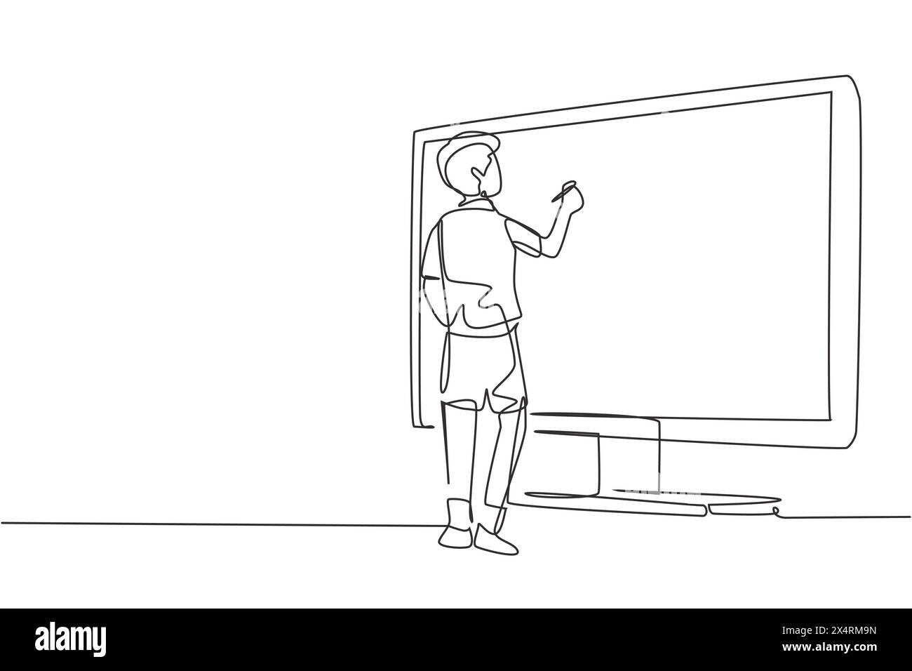 Single continuous line drawing male junior high school student writing ...