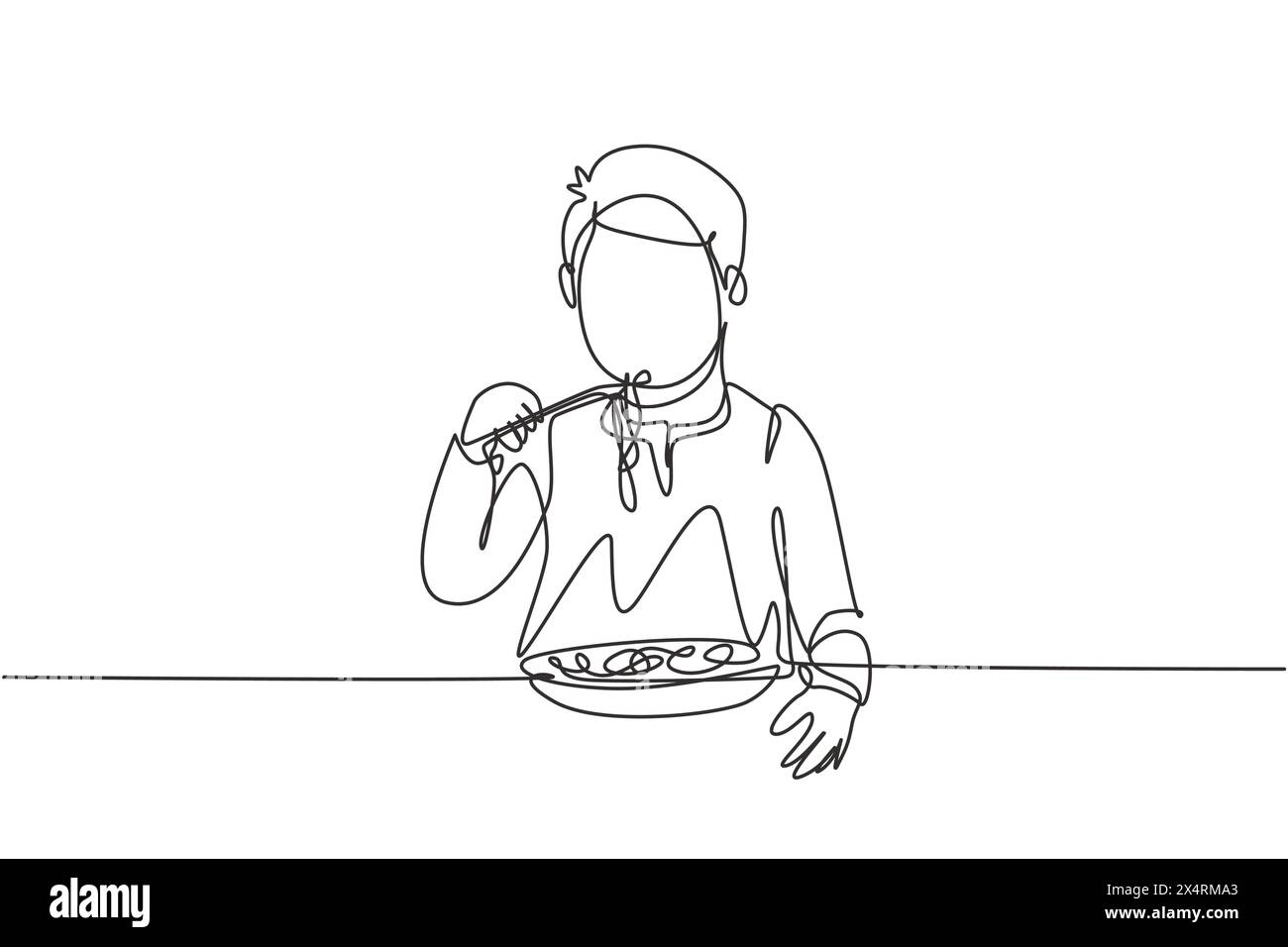 Single one line drawing young Arab boy having spaghetti meal with ...