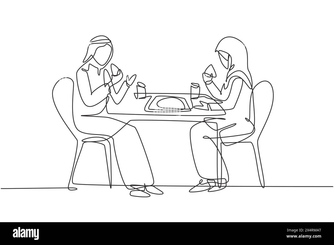 Single one line drawing young Arabian couple husband and wife having ...