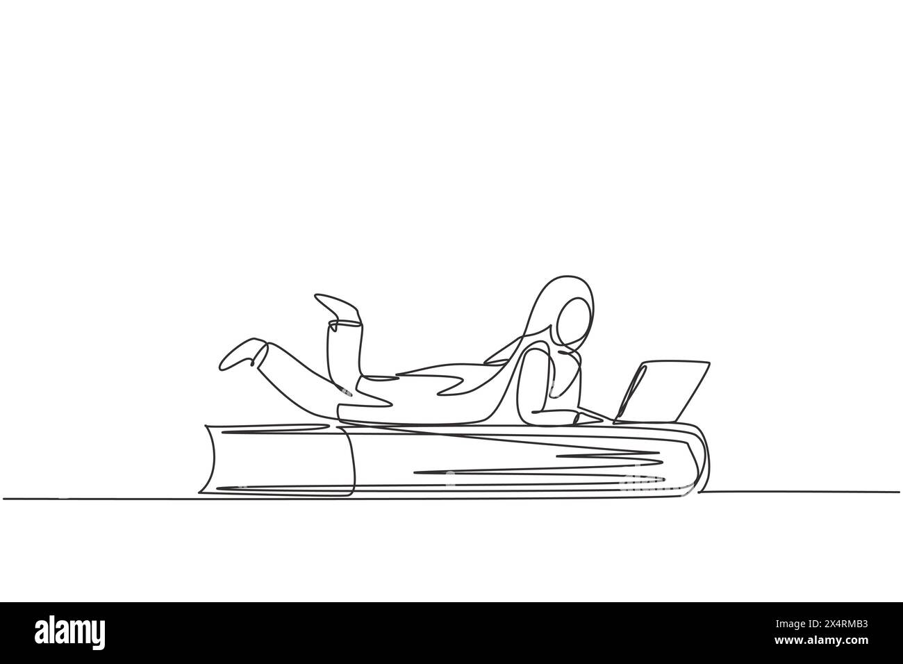 Continuous one line drawing young Arab female with laptop laying down ...