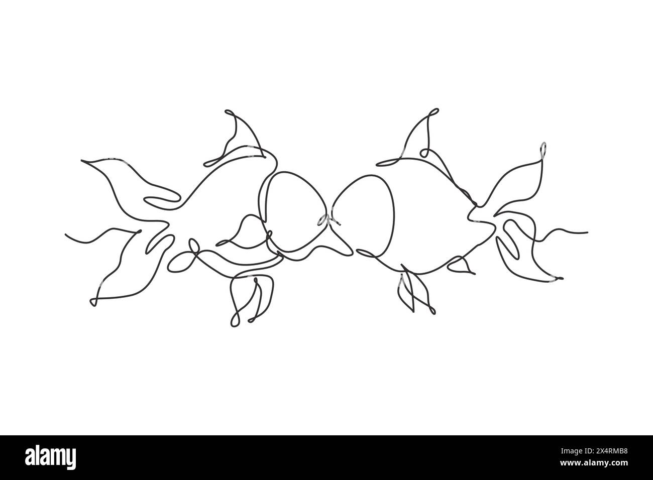 Single continuous line drawing two goldfishes kissing underwater. Pair ...