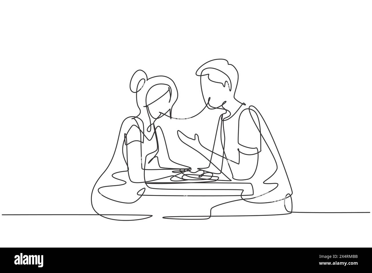 Single one line drawing young couple eating spaghetti together ...