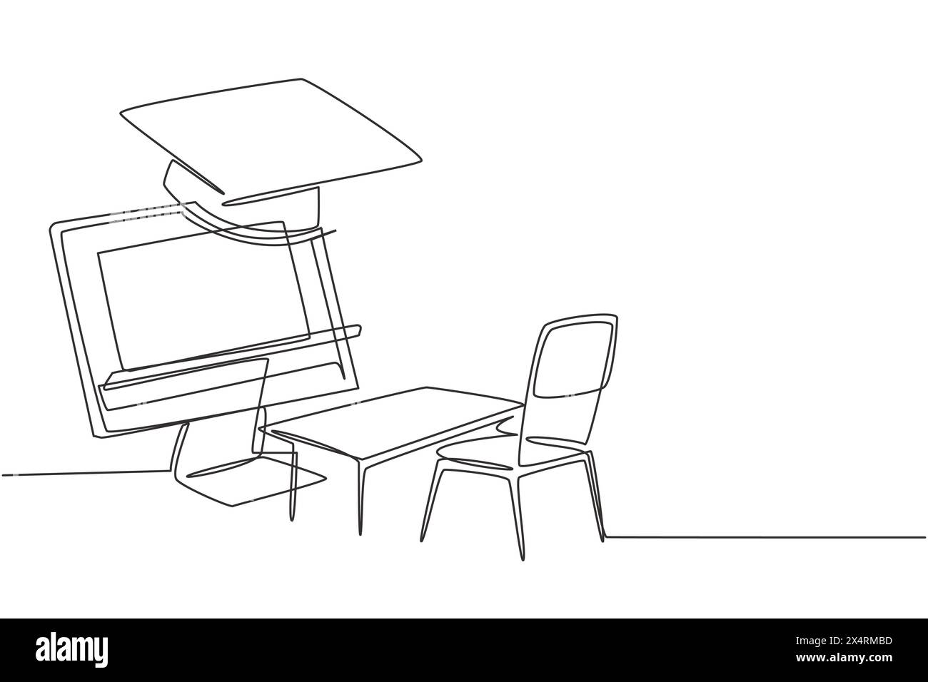 Continuous one line drawing empty study chairs and desks facing giant ...