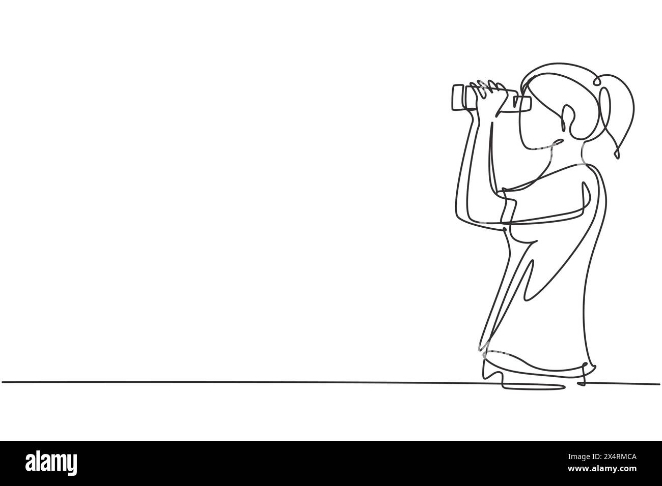 Single continuous line drawing girl looking in distance with binoculars ...