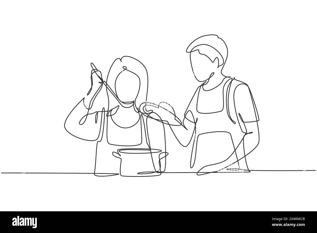 Single continuous line drawing handsome husband holding pan lid and his ...