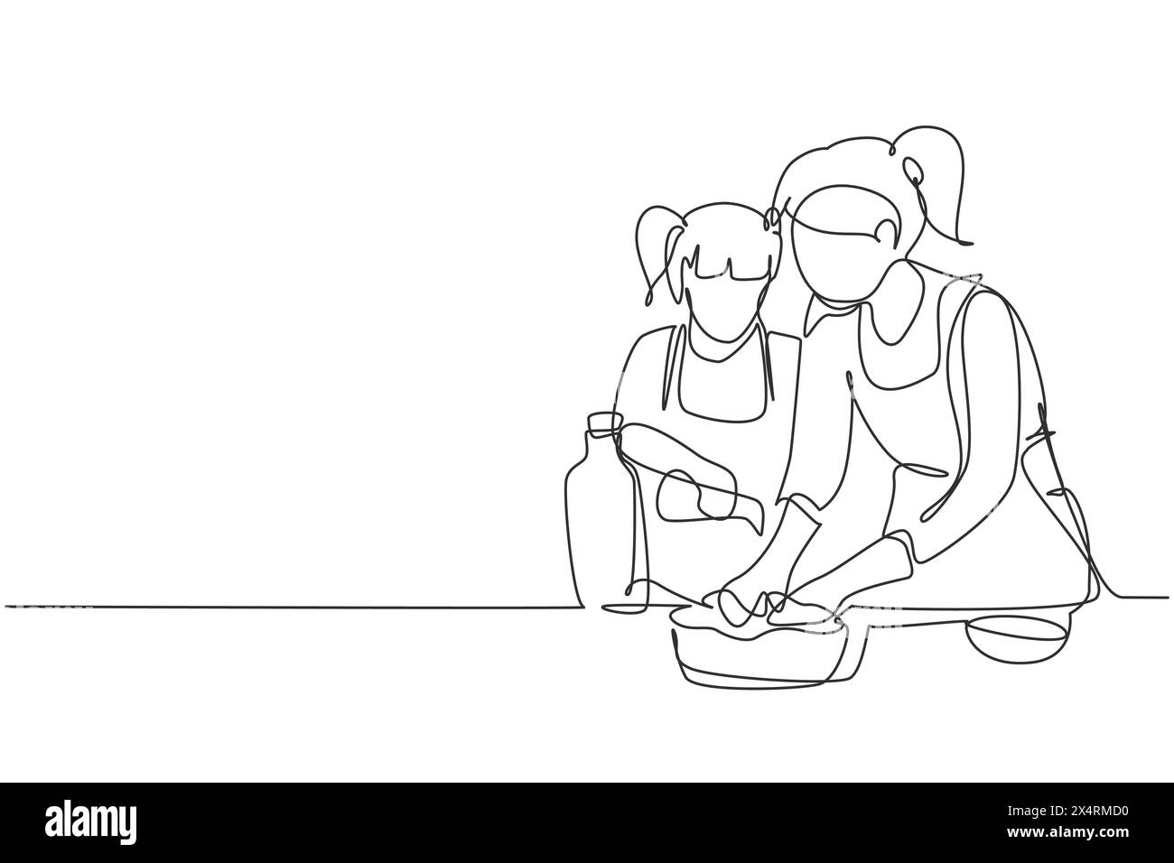 Single one line drawing cute little daughter helping her mother make ...