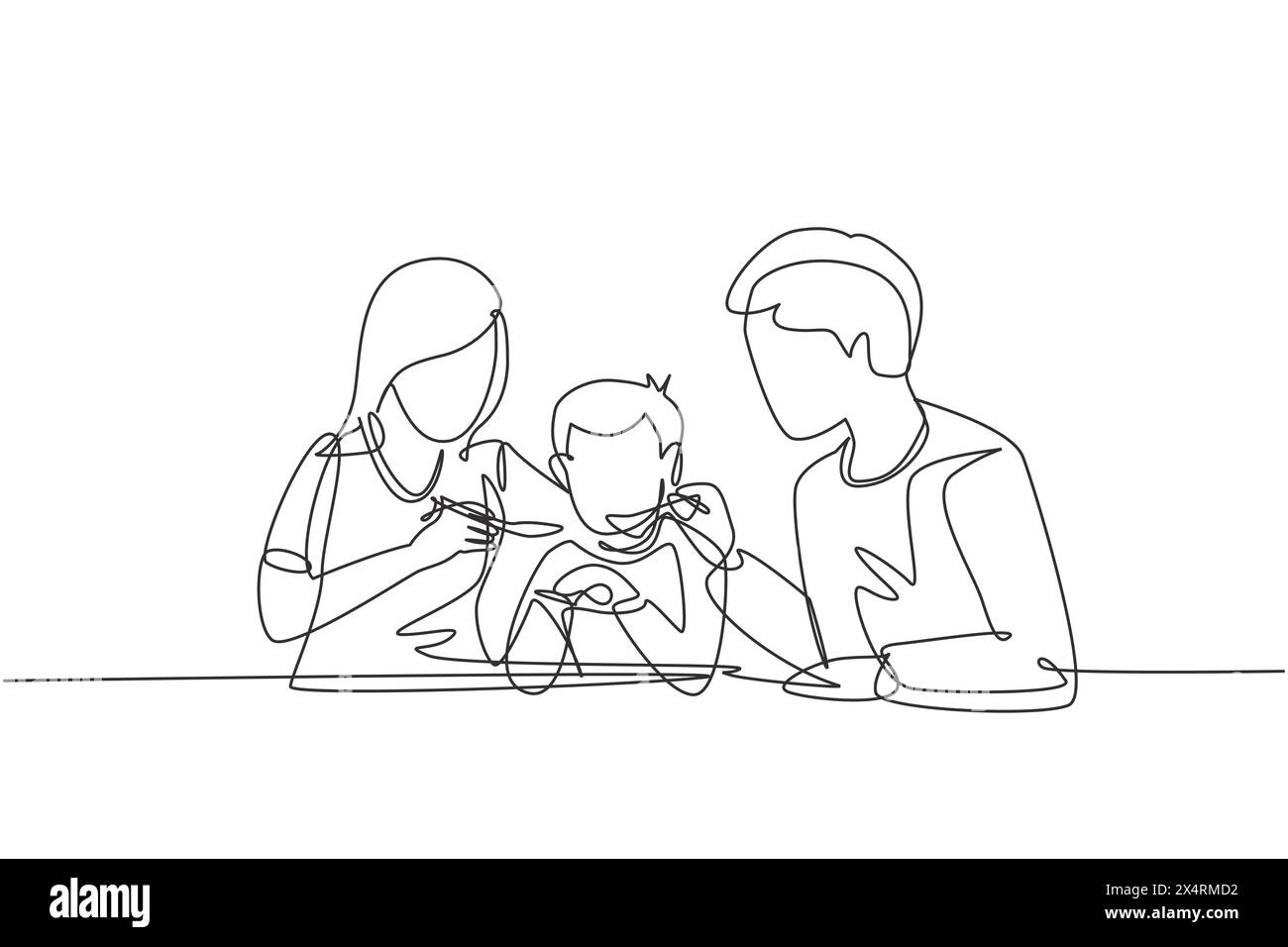 Single one line drawing young family having fun together in restaurant ...