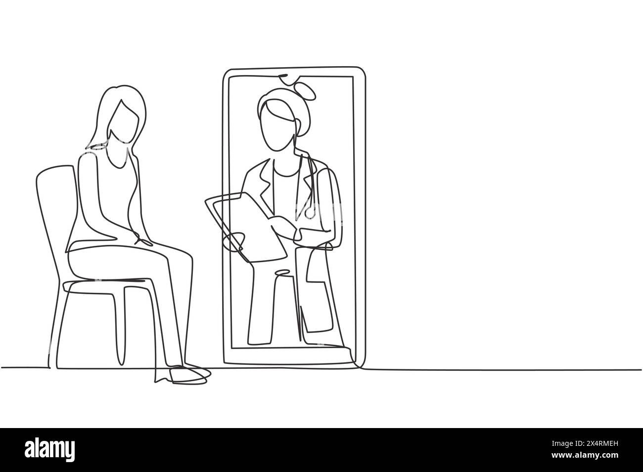 Single continuous line drawing female doctor holding clipboard checking ...