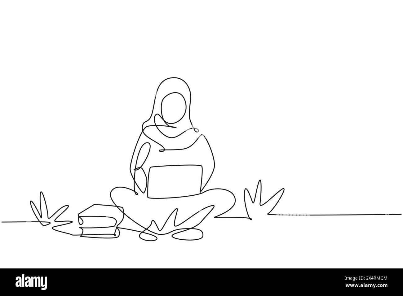Continuous one line drawing Arabian woman with laptop sitting at the ...