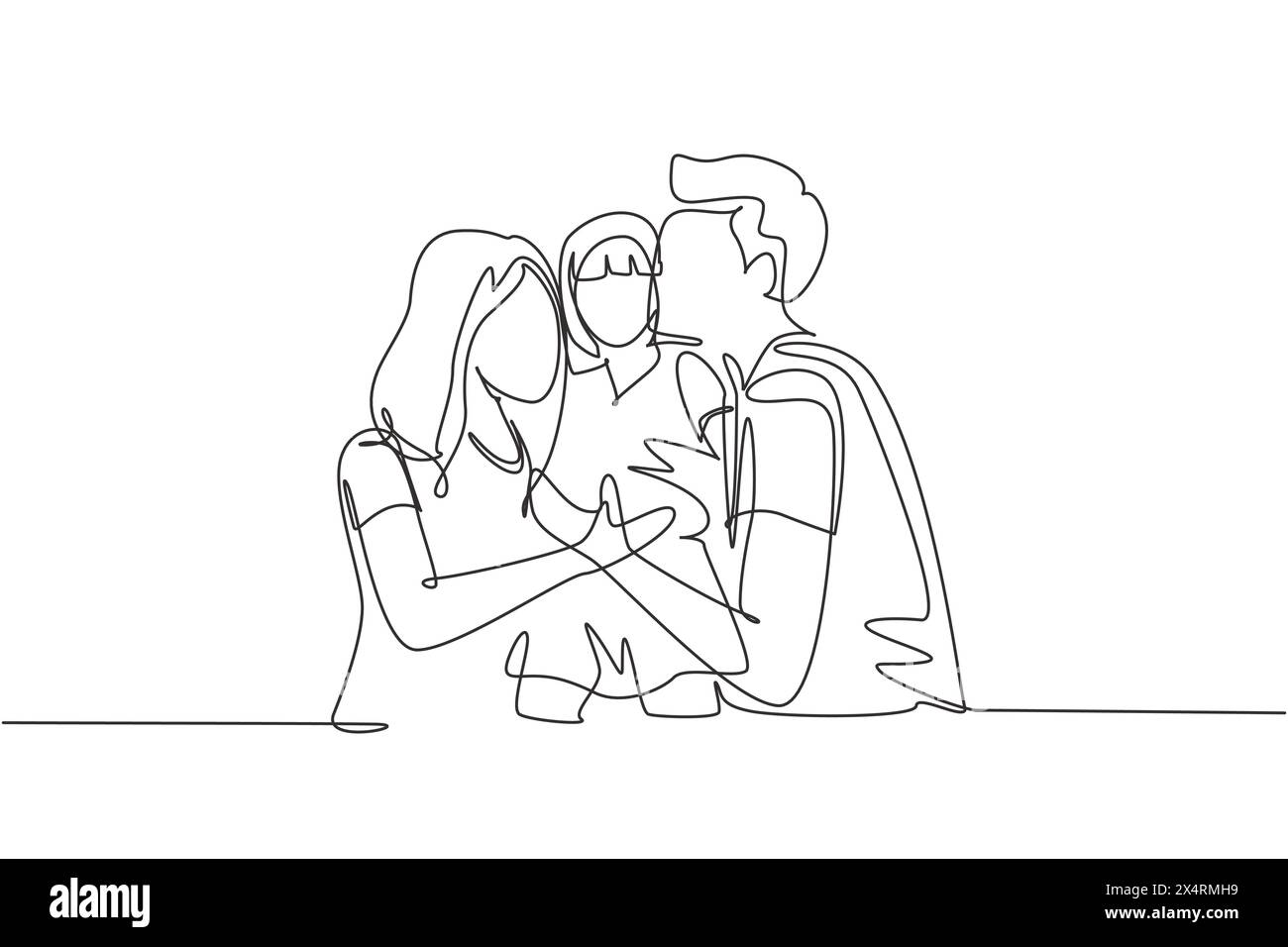 Single continuous line drawing parents kissing their little girl on her ...