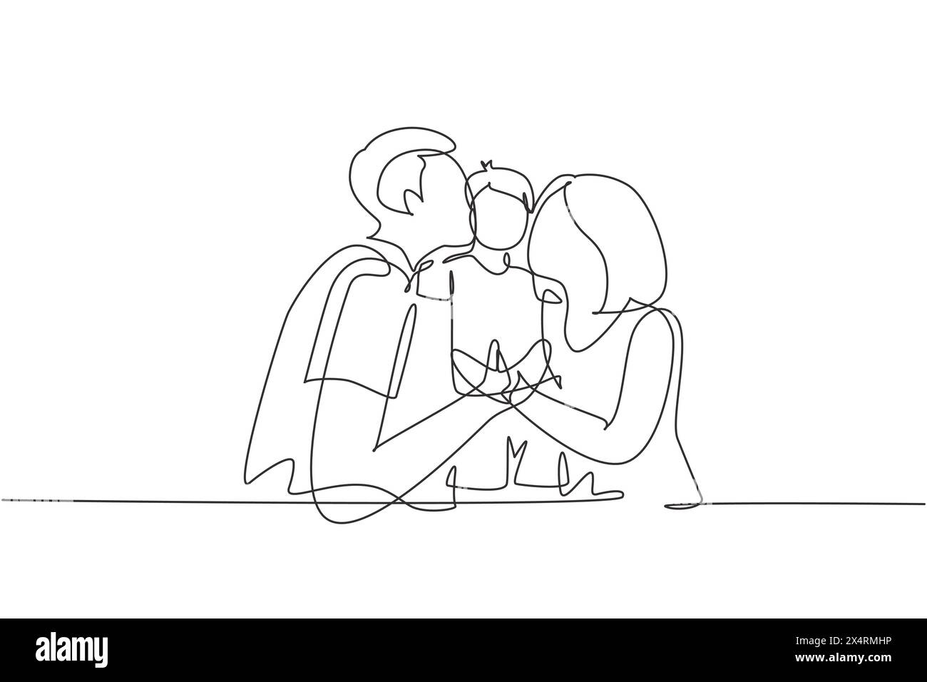 Continuous one line drawing parents kissing their little boy on his ...