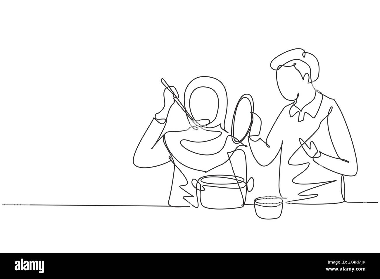 Continuous one line drawing Arabian husband holding pan lid and his ...