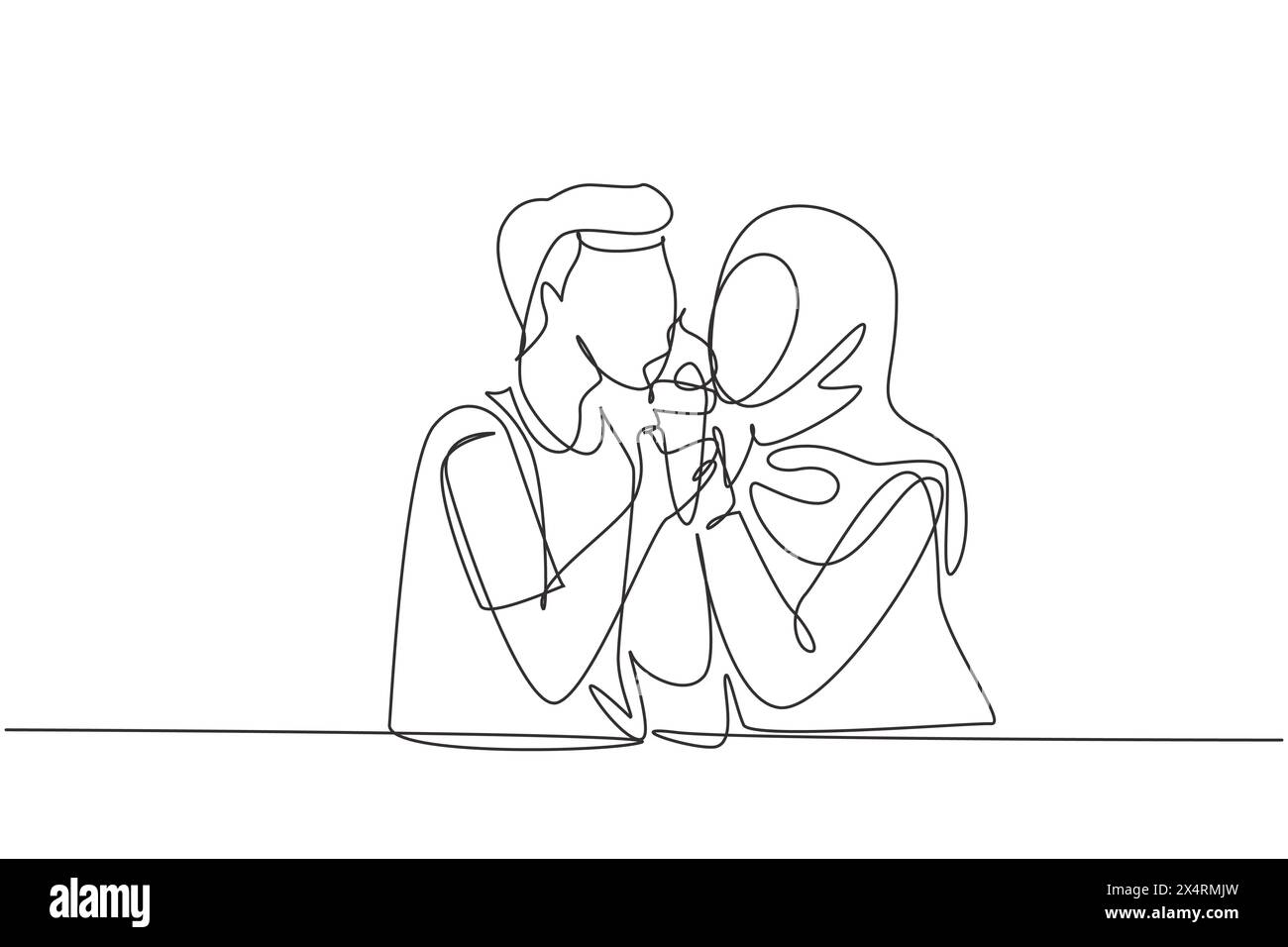 Single one line drawing young Arabian couple sharing ice cream cone ...