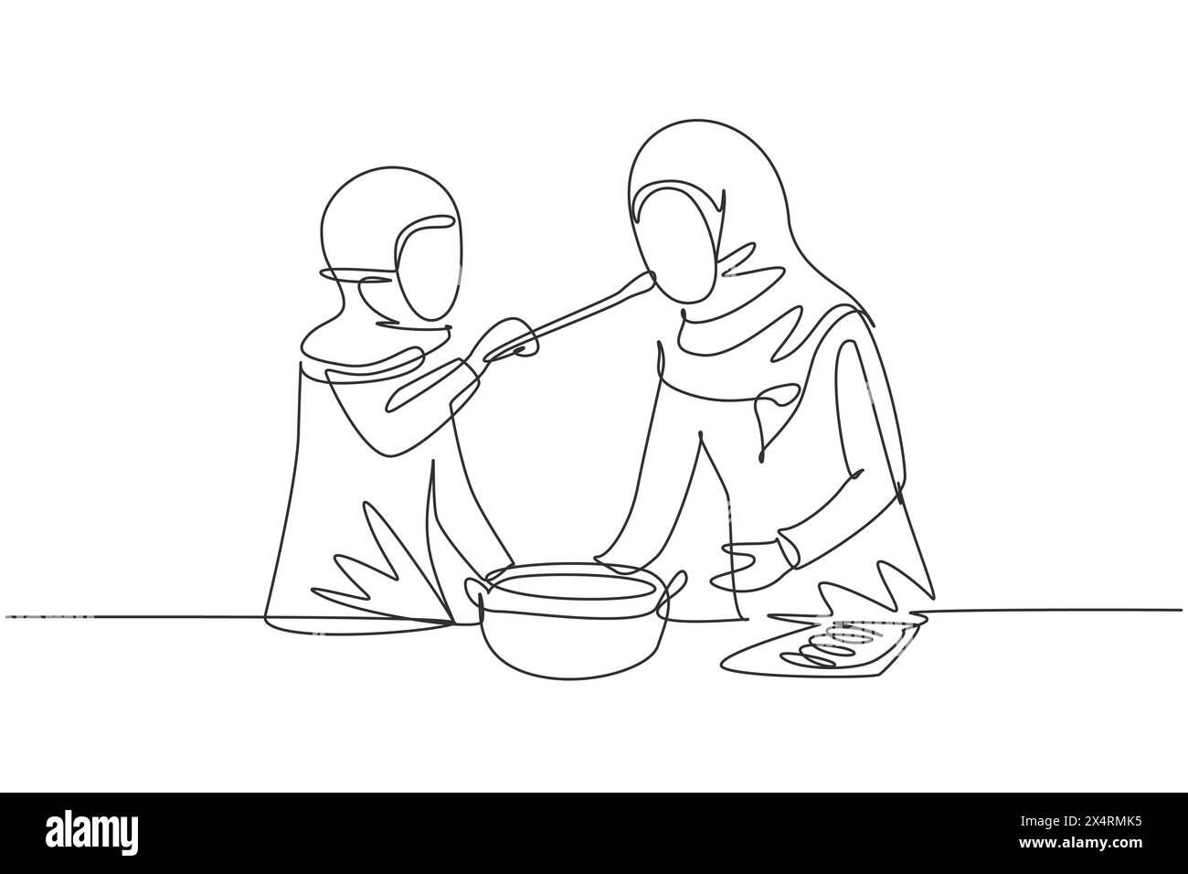 Single one line drawing Arabian mother tasting food given by her young ...