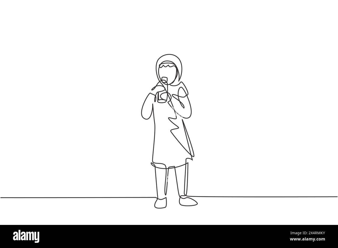 Single continuous line drawing Arabian girl standing while drinking a ...