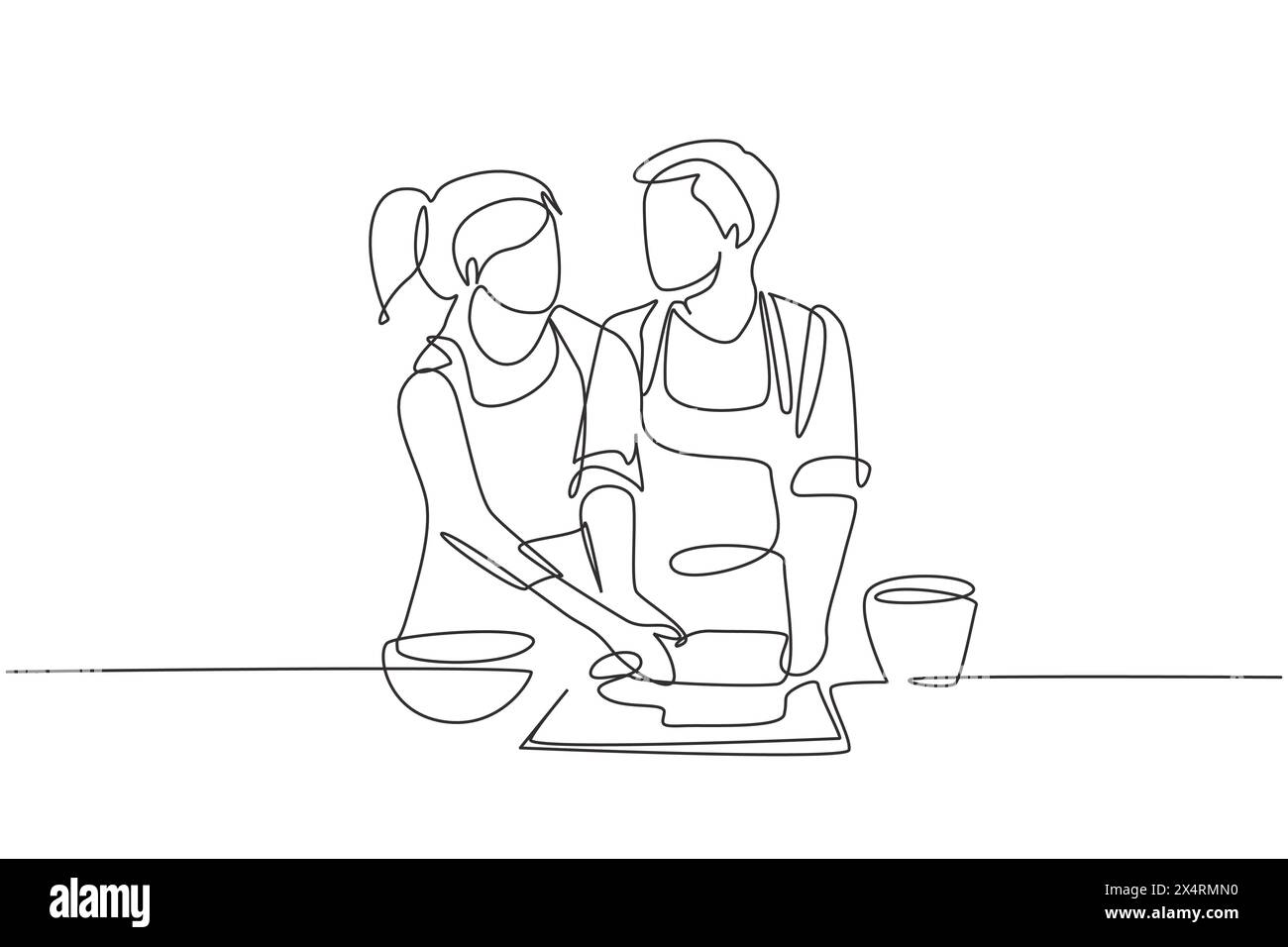 Single continuous line drawing romantic couple looking at each other ...
