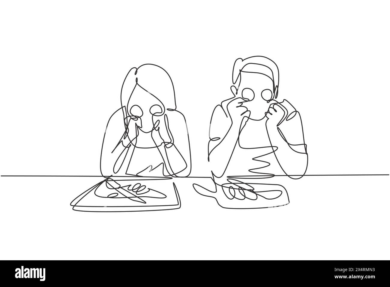 Single continuous line drawing beautiful wife and her handsome husband ...