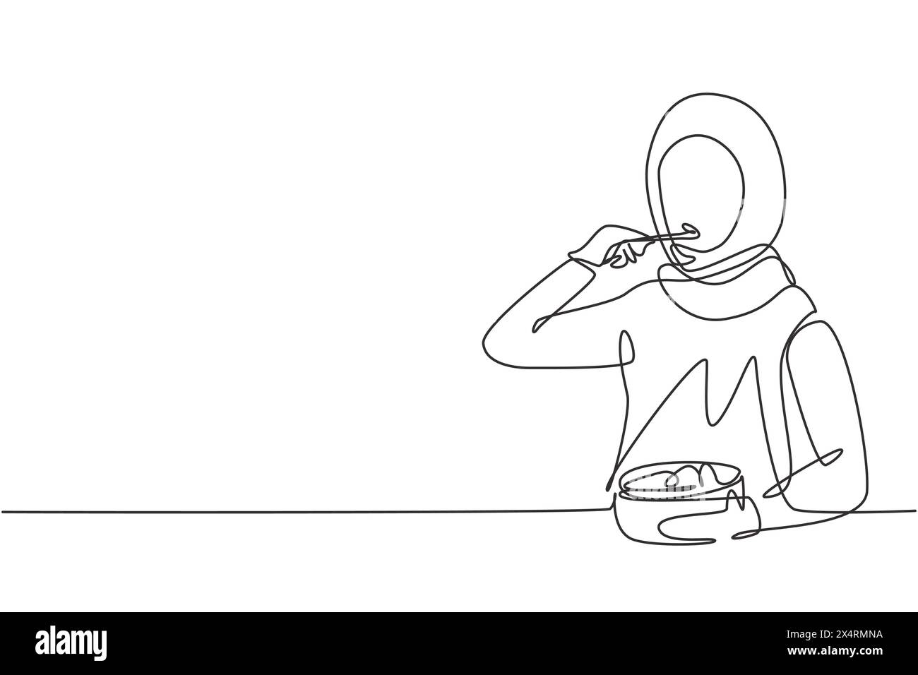 Single continuous line drawing young girl having salad meal with spoon ...