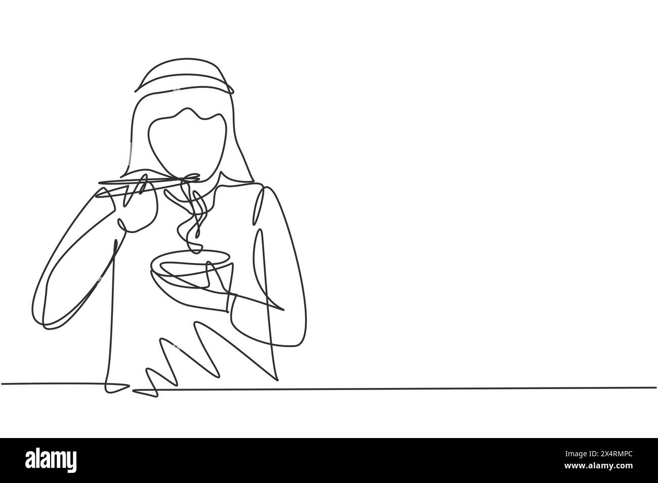 Continuous one line drawing young Arabian man having noodles meal with ...
