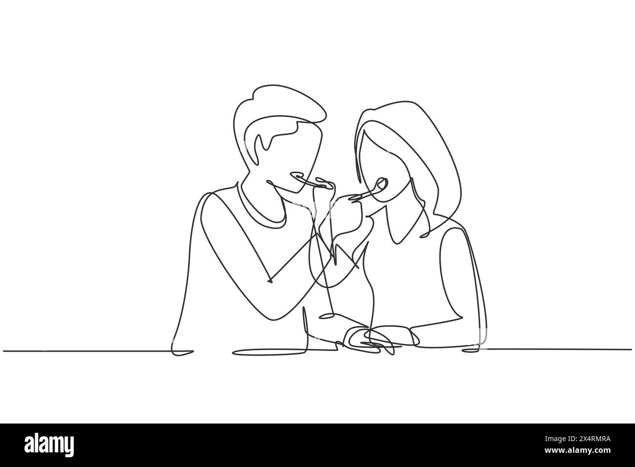 Single continuous line drawing romantic couple feeding each other ...