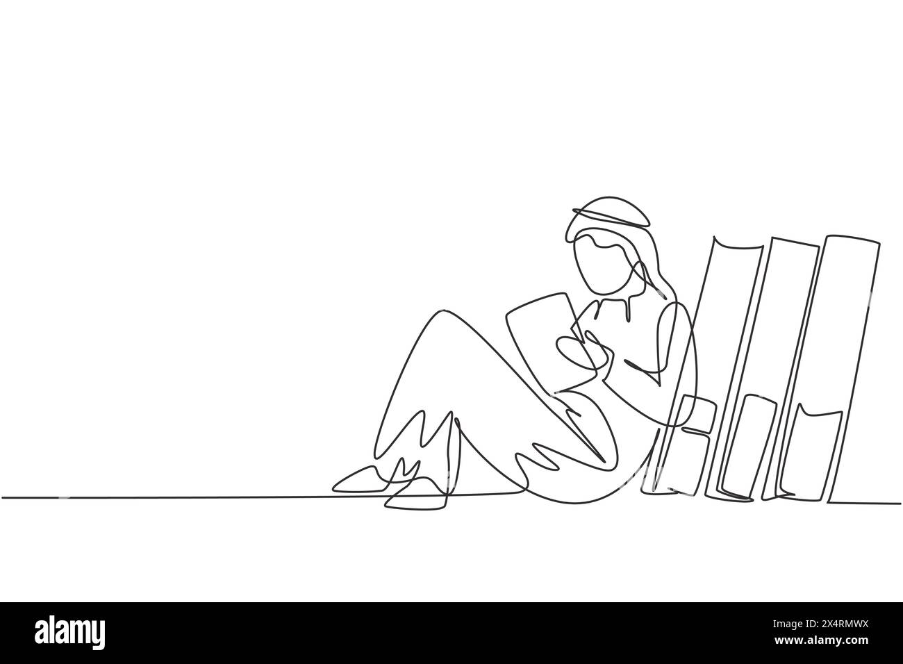Single continuous line drawing young Arabian male reading, learning and ...