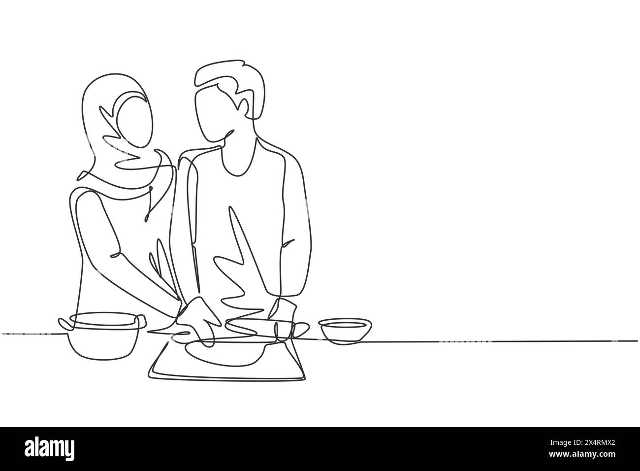 Continuous one line drawing romantic Arab couple looking at each other ...