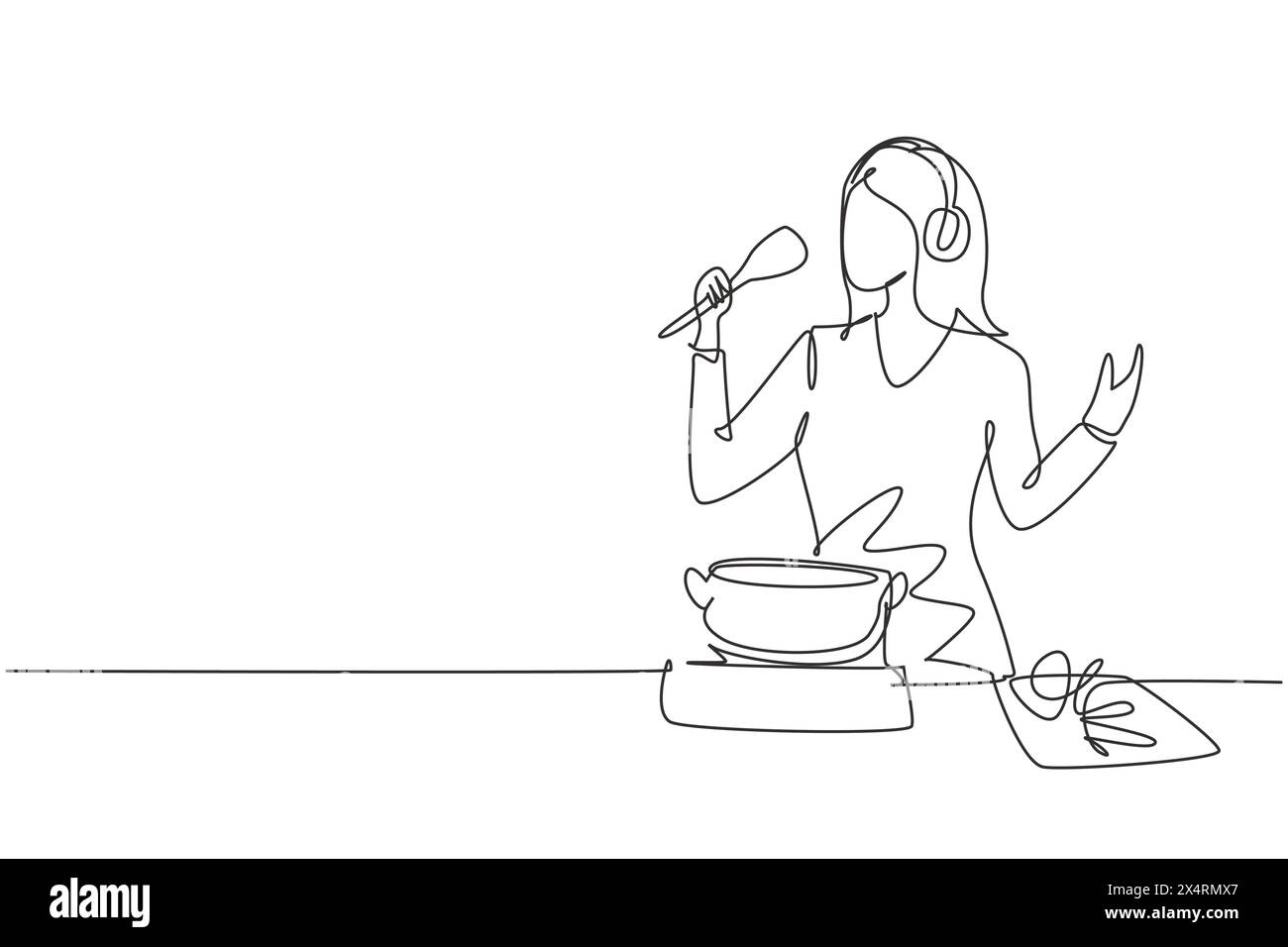 Single continuous line drawing beautiful wife begin prepare family ...