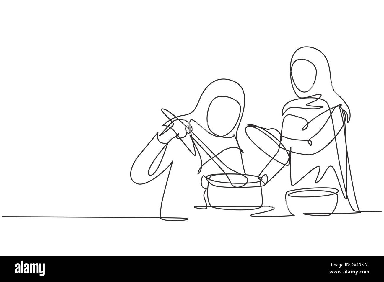 Continuous one line drawing two Arabian woman enjoying smell of cooking ...