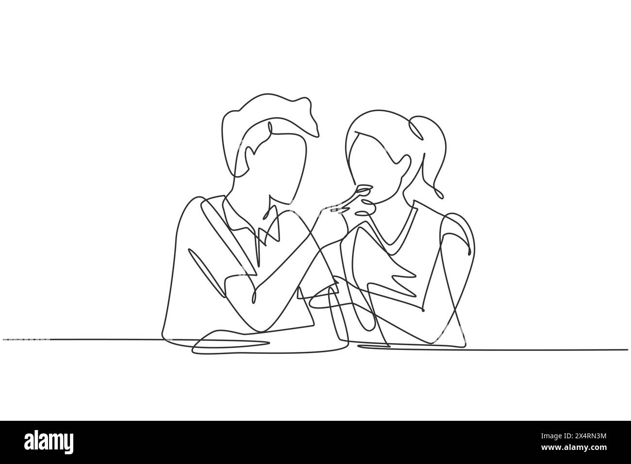 Single continuous line drawing romantic man feeds his wife. Happy young ...
