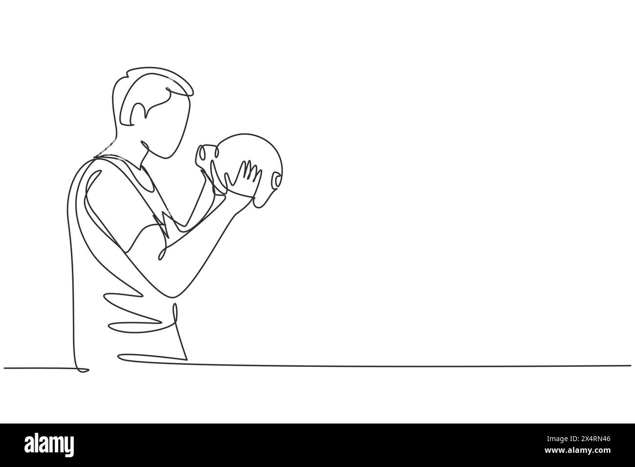 Single one line drawing handsome young male holding and kissing piggy ...