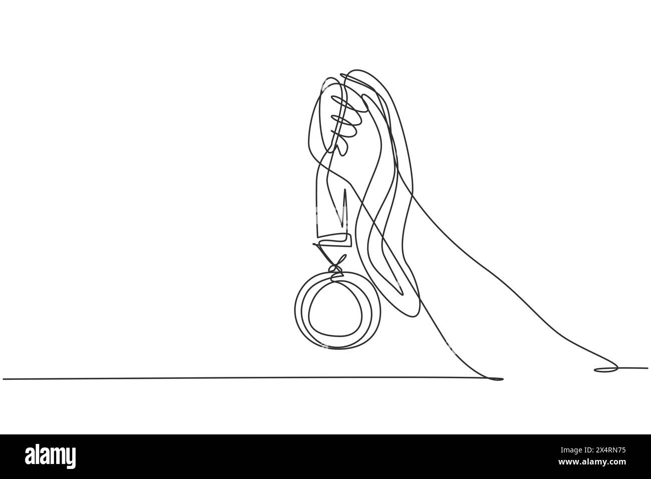 Single one line drawing gold medal held by one hand. Symbol of winning ...