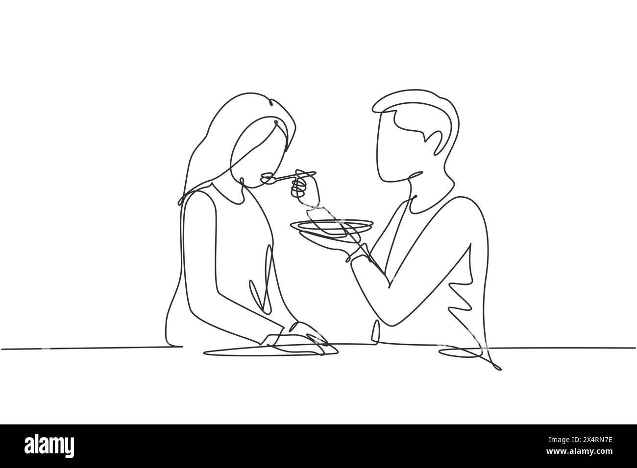 Continuous one line drawing romantic male feeds his wife. Happy young ...