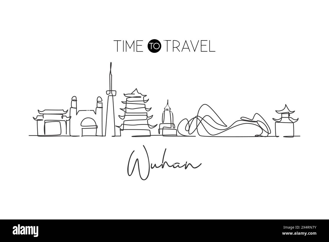 Continuous one line drawing Wuhan city skyline, China. Asia beautiful ...