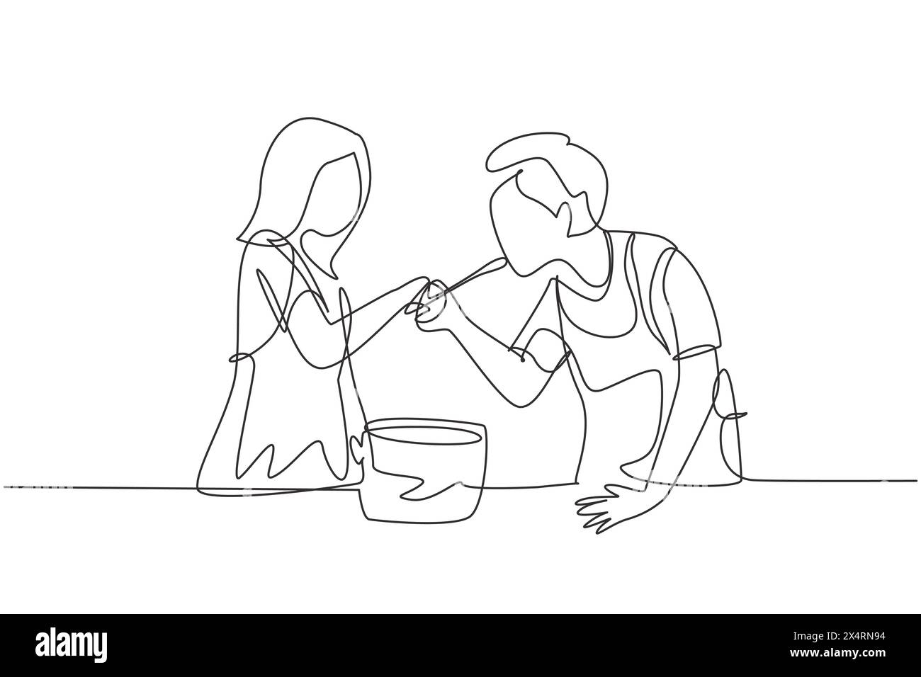 Continuous one line drawing happy husband tasting food given by his ...