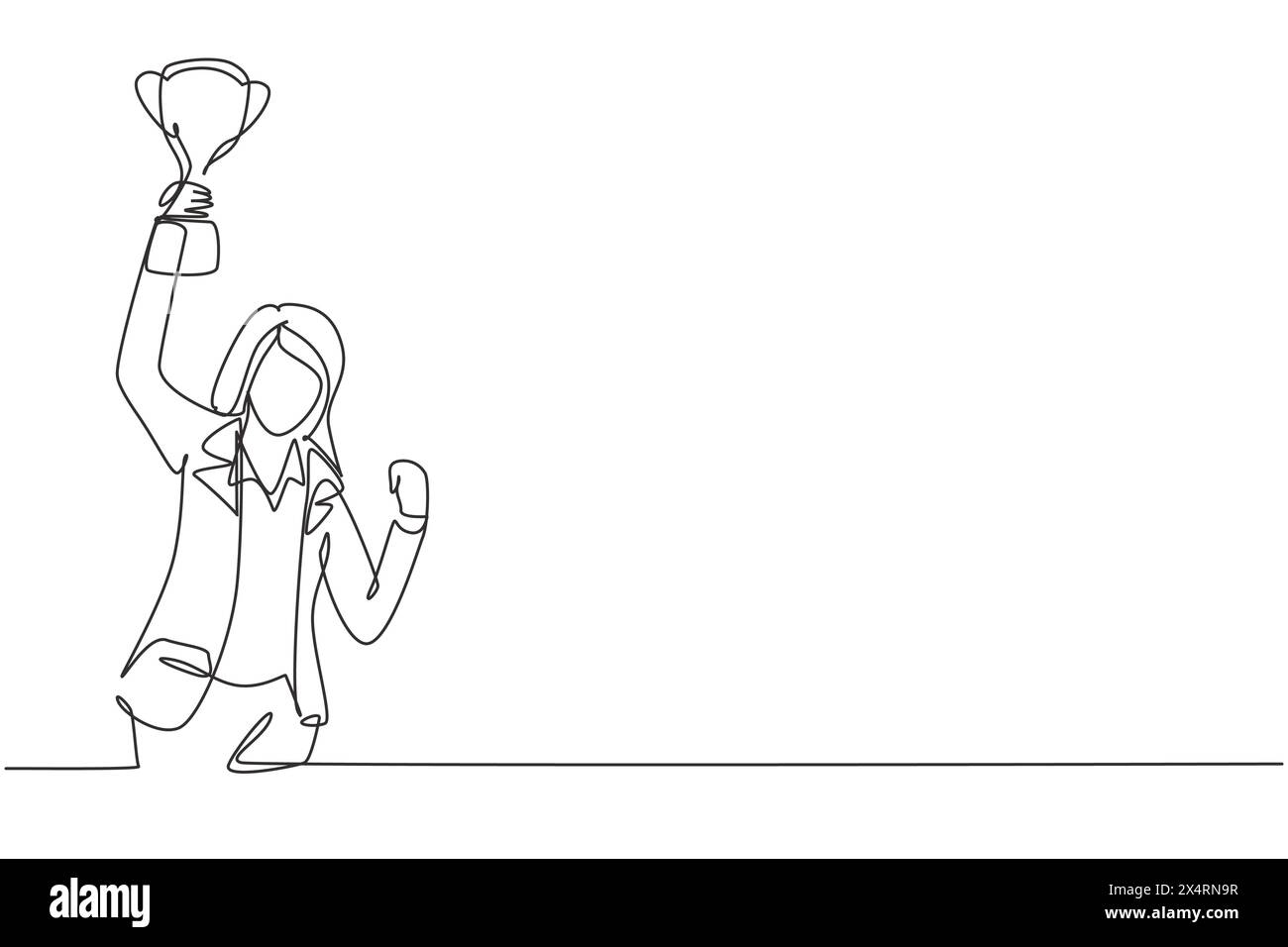 Single one line drawing young businesswoman holding golden trophy in ...