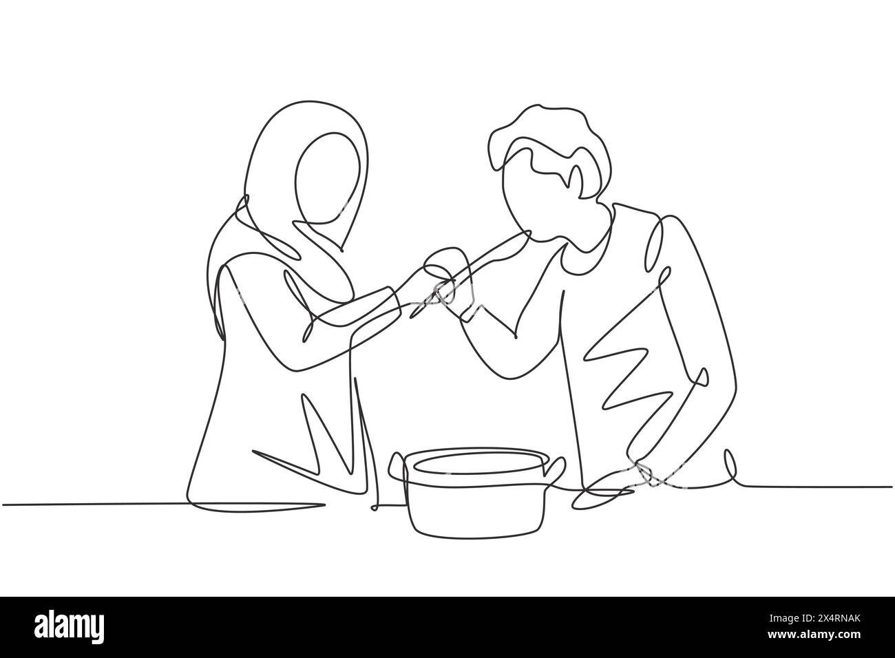 Single continuous line drawing Arab husband tasting food given by his ...