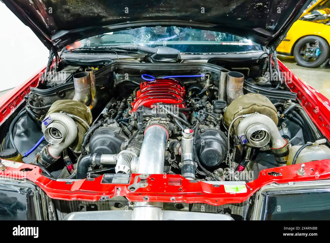 Close-up of the engine, front top view, show all parts and open hood ...